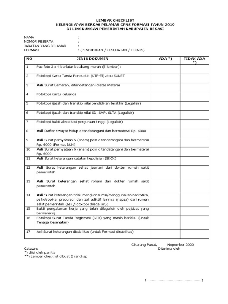 LEMBAR CHECKLIST Pemberkasan Cpns | PDF