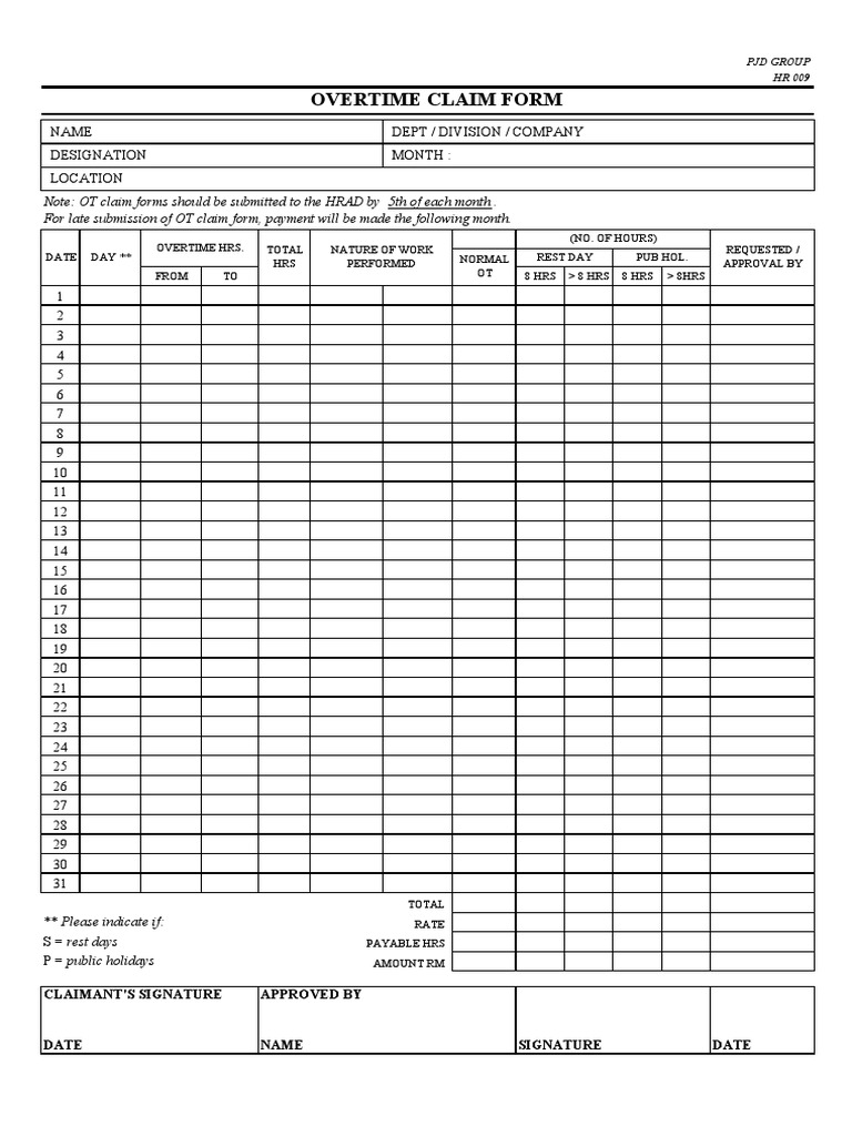 G1 - HR 009 Overtime Claim Form | PDF