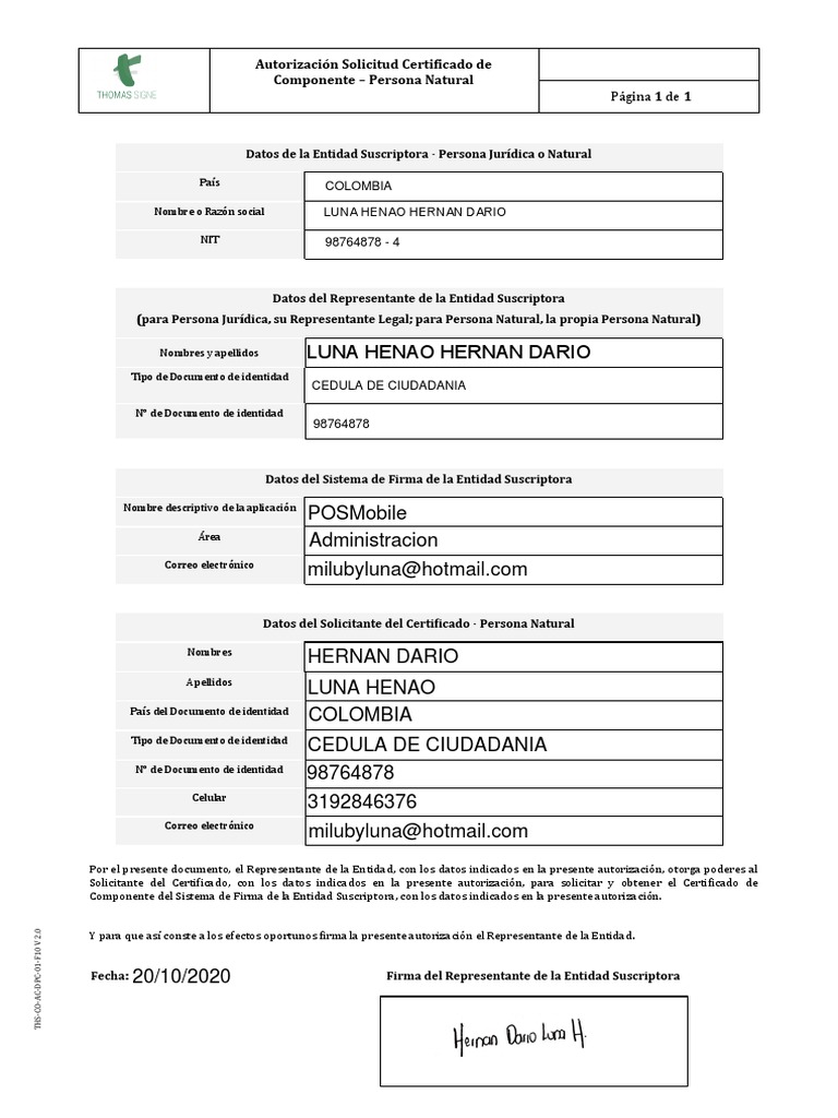 THS-CO-AC-DPC-01-F10 Autorización Solicitud Certificado de Componente ...