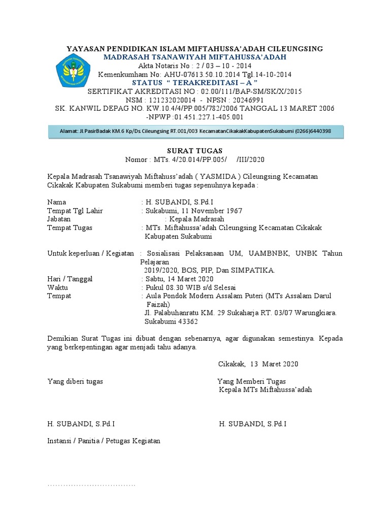 Surat Tugas Kepala | PDF