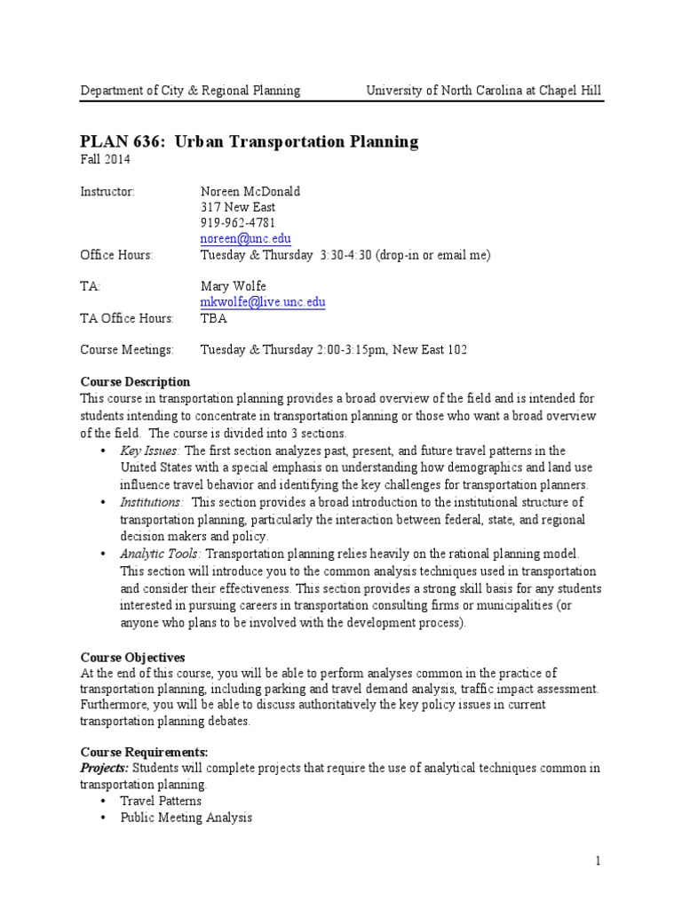 PLAN 636: Urban Transportation Planning: Noreen@unc - Edu | PDF | Public Transport | Traffic ...
