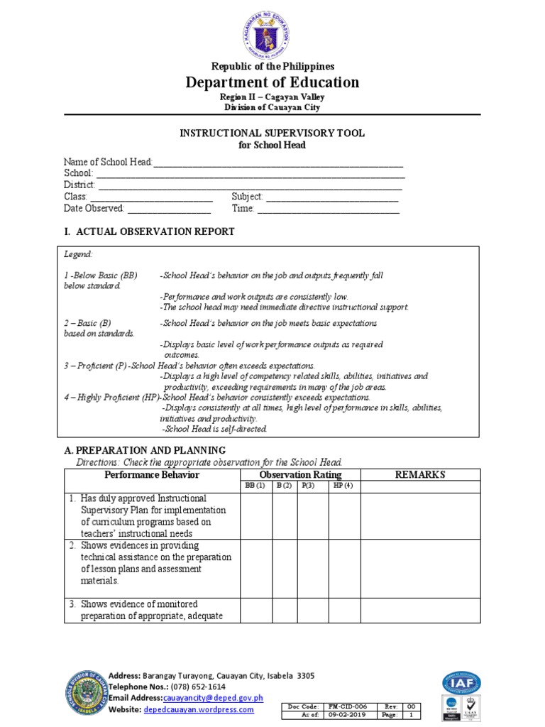 Instructional Supervision Tool for Heads | PDF | Teachers | Learning