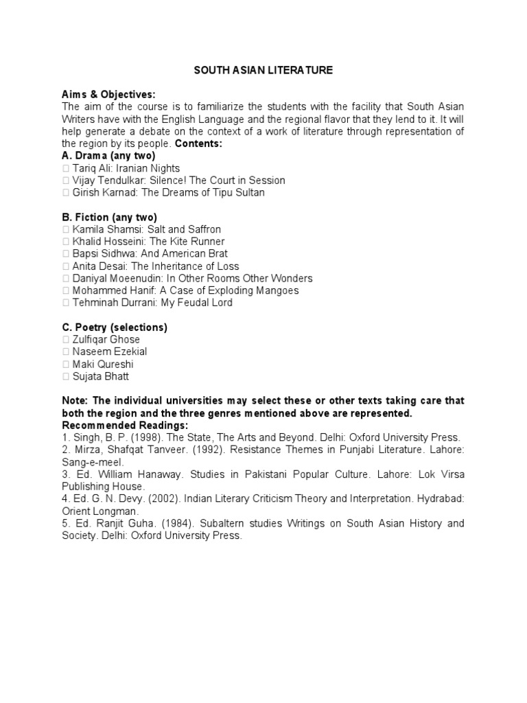 South Asian Literature in English Course | PDF