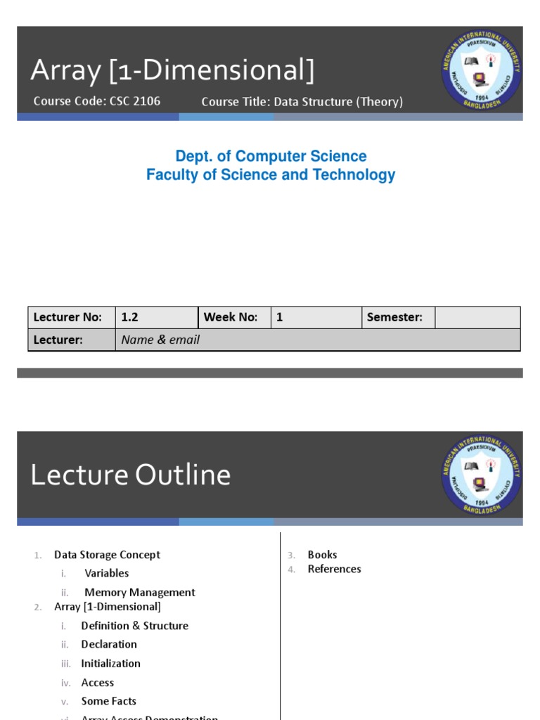 Array (1-Dimensional) : Dept. of Computer Science Faculty of Science and Technology | PDF ...