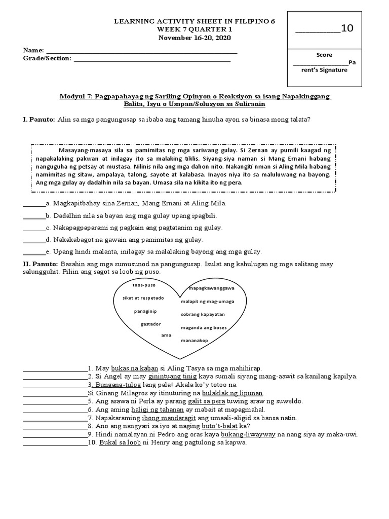 Learning Activity Sheet Week 7 | PDF