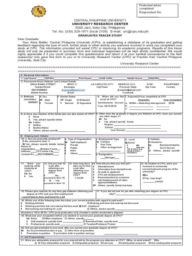 Tracer Study Questionnaire Revised June 2018 | PDF | Academic Degree | Employment