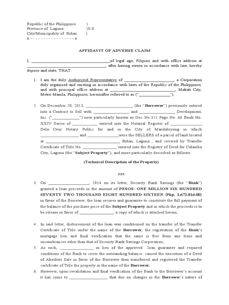 Draft Adverse Claim For Lot | PDF | Mortgage Law | Natural Resources Law