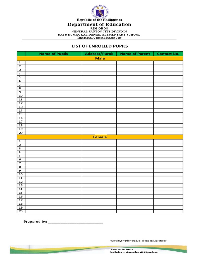 Template of List of Enrolled Pupils 1 | PDF
