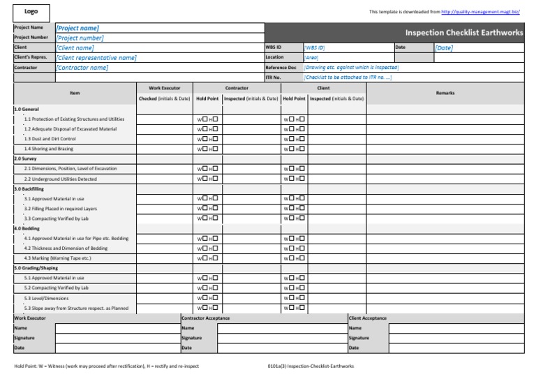 Inspection Checklist Earthworks: (Project Number) (Client Name) (Date ...