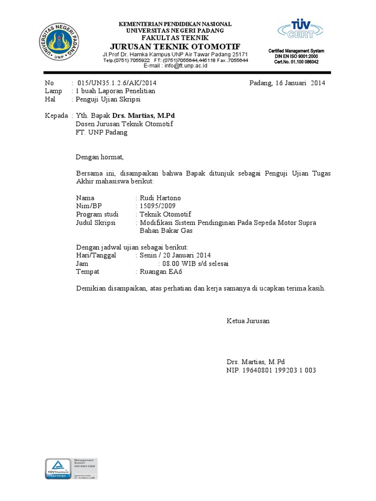 Contoh Format Undangan Penguji Skripsi | PDF