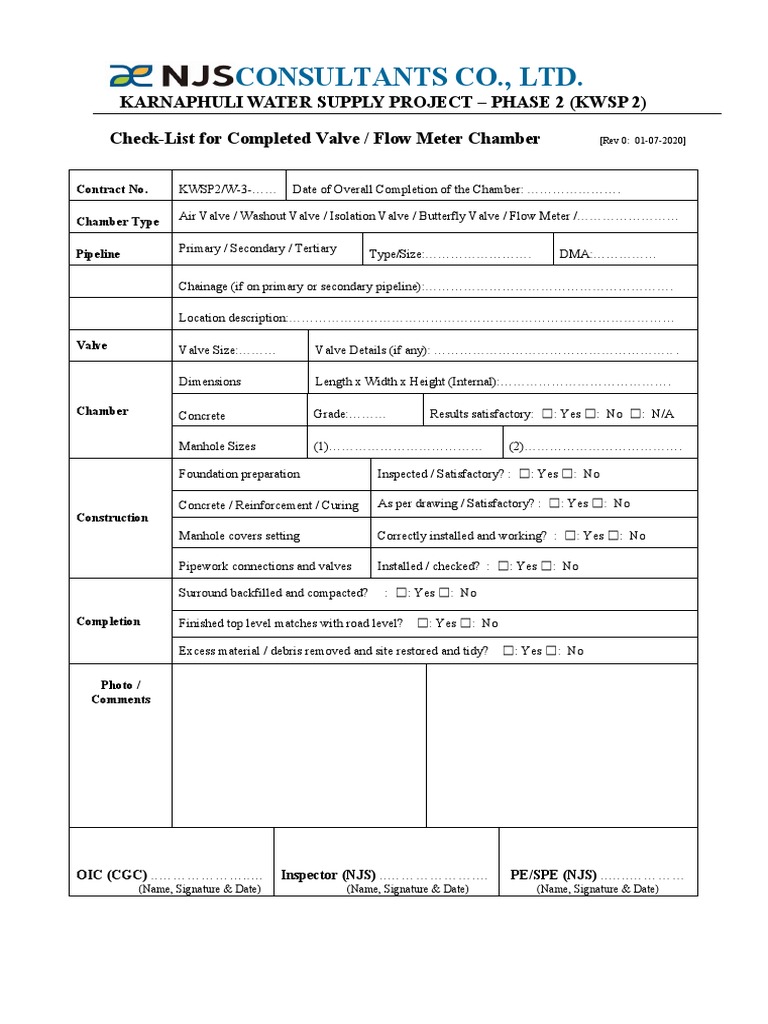 KWSP2 valve chamber checklist | PDF