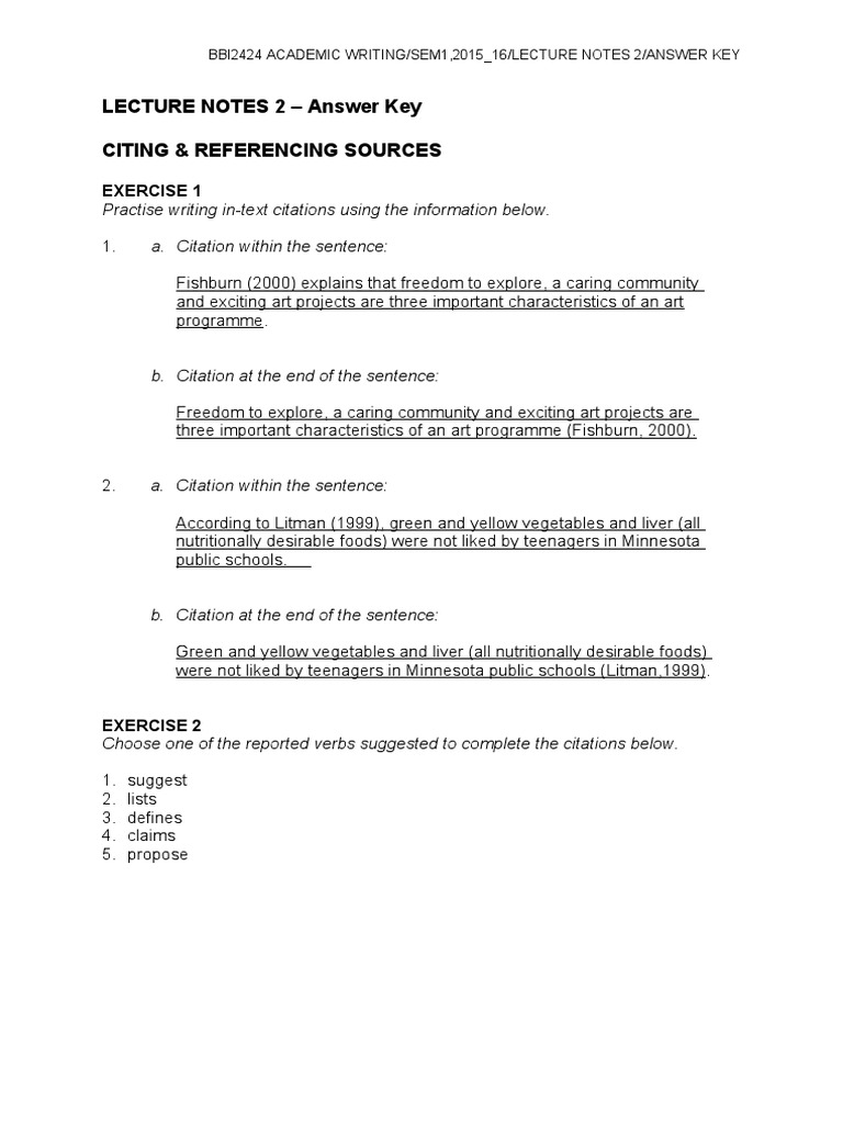 Lecture Notes 2 - Answer Key Citing & Referencing Sources: Exercise 1 ...