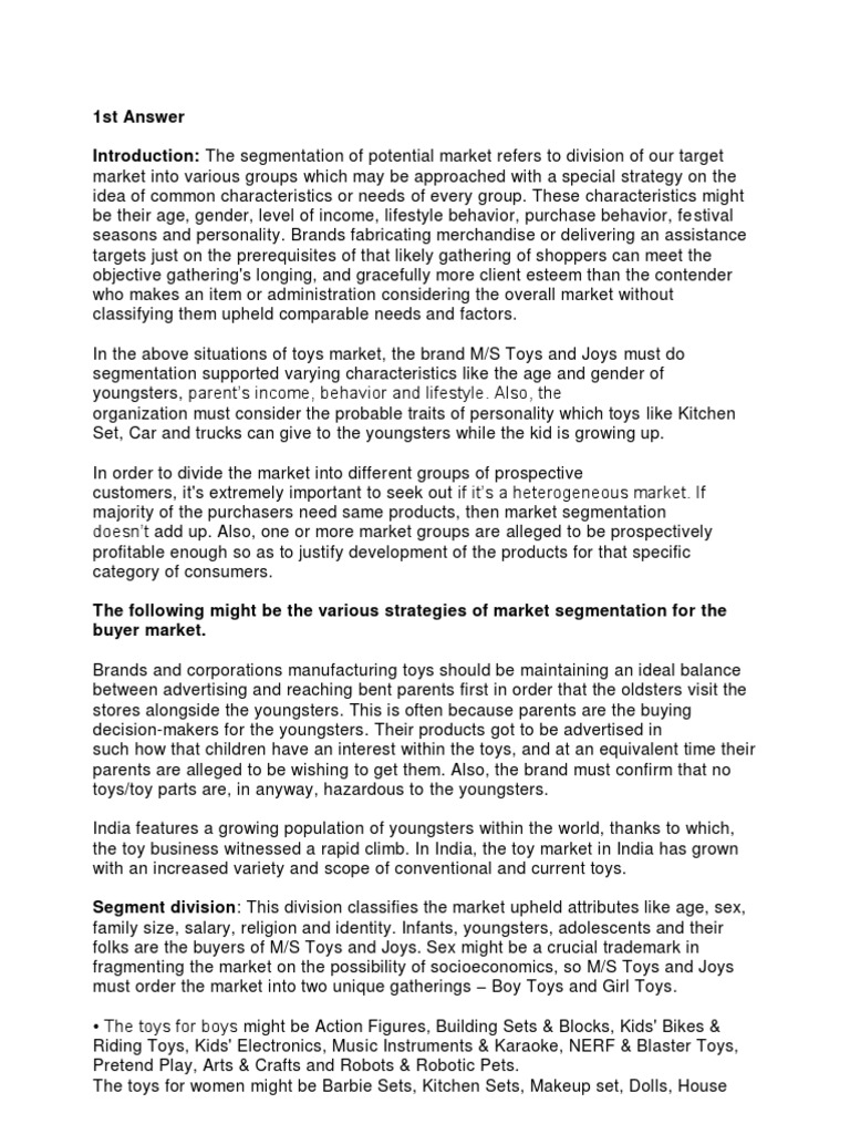 Marketing Management - Assignment | PDF | Toys | Market Segmentation