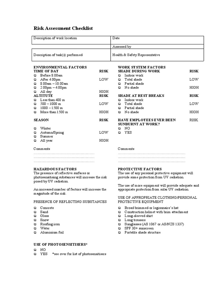 UV Risk Assessment Checklist-1 | PDF | Sunscreen | Personal Protective ...