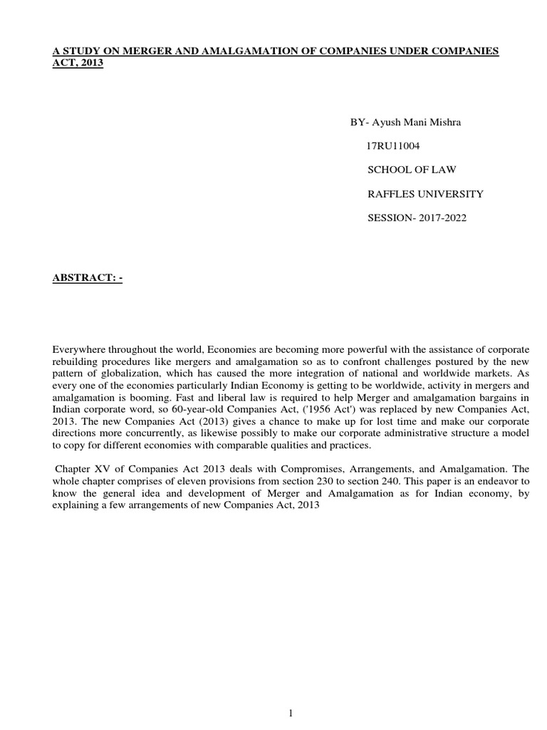 Paper On Company Law Project | PDF | Consolidation (Business) | Mergers ...