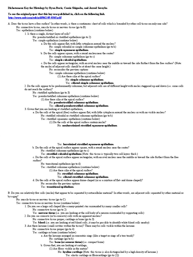 Dichotomous Key For Histology | PDF | Epithelium | Tissue (Biology)