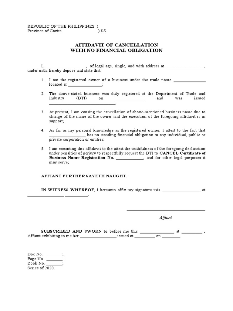 Affidavit of Cancellation with No Obligation | PDF | Finance & Money Management