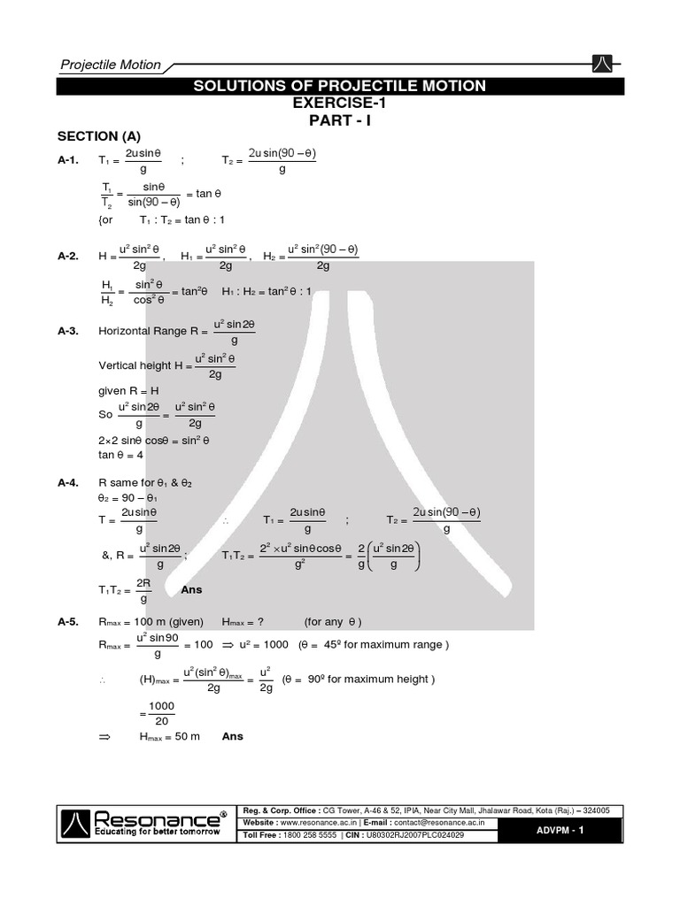 Solutions of Projectile Motion: Exercise-1 Part - I | PDF | Spacetime ...