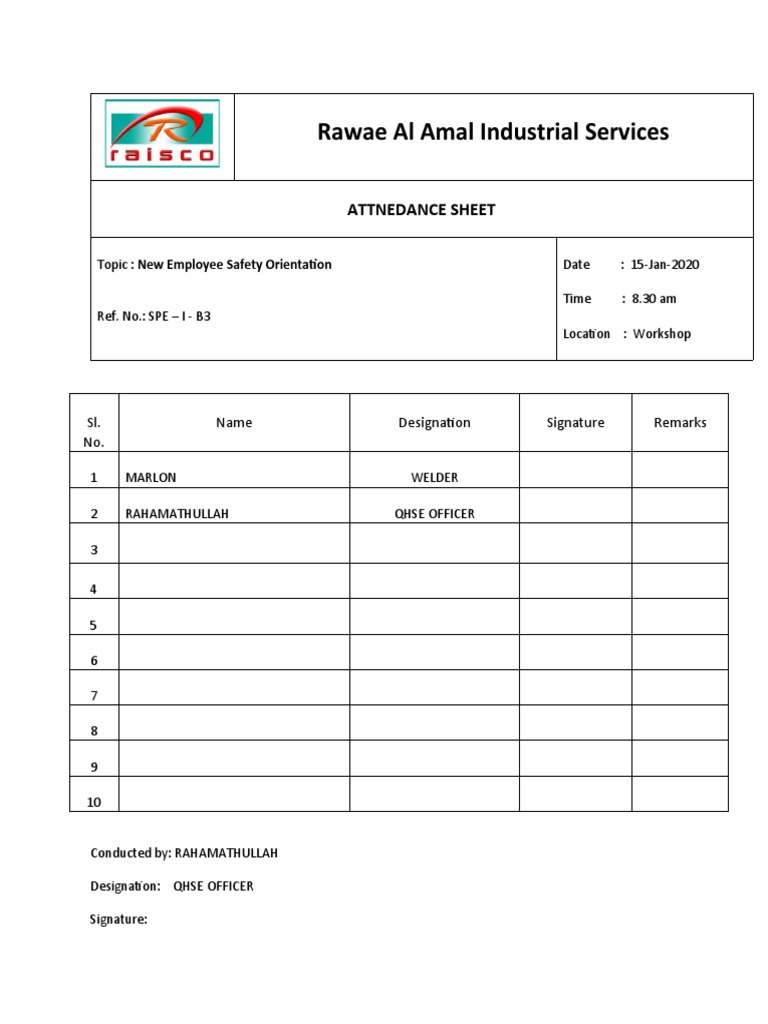 B - 3. Attendance Sheet Safety | PDF