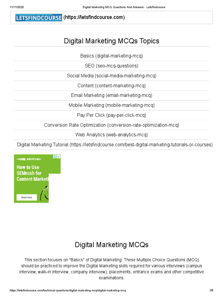 Digital Marketing Mcqs Topics | PDF | Digital Marketing | Multiple Choice