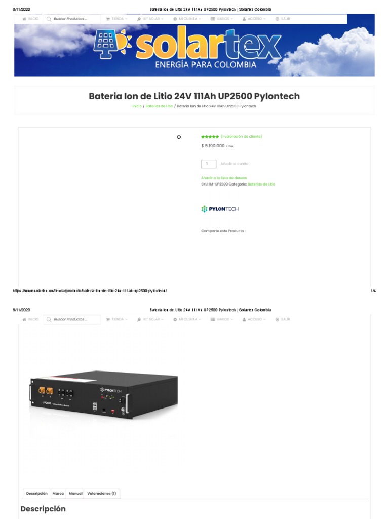 Bateria Ion de Litio 24V 111ah UP2500 Pylontech - Solartex Colombia PDF | PDF | Almacen de ...