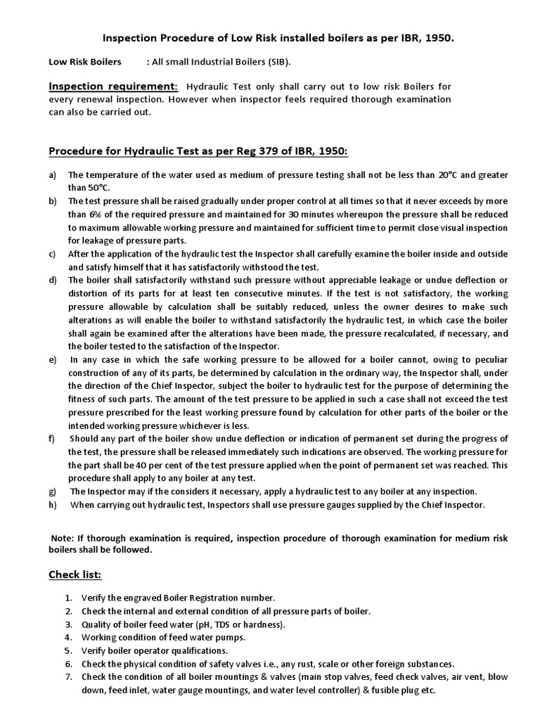 Inspection Procedure of Low Risk Installed Boilers As Per IBR, 1950 ...