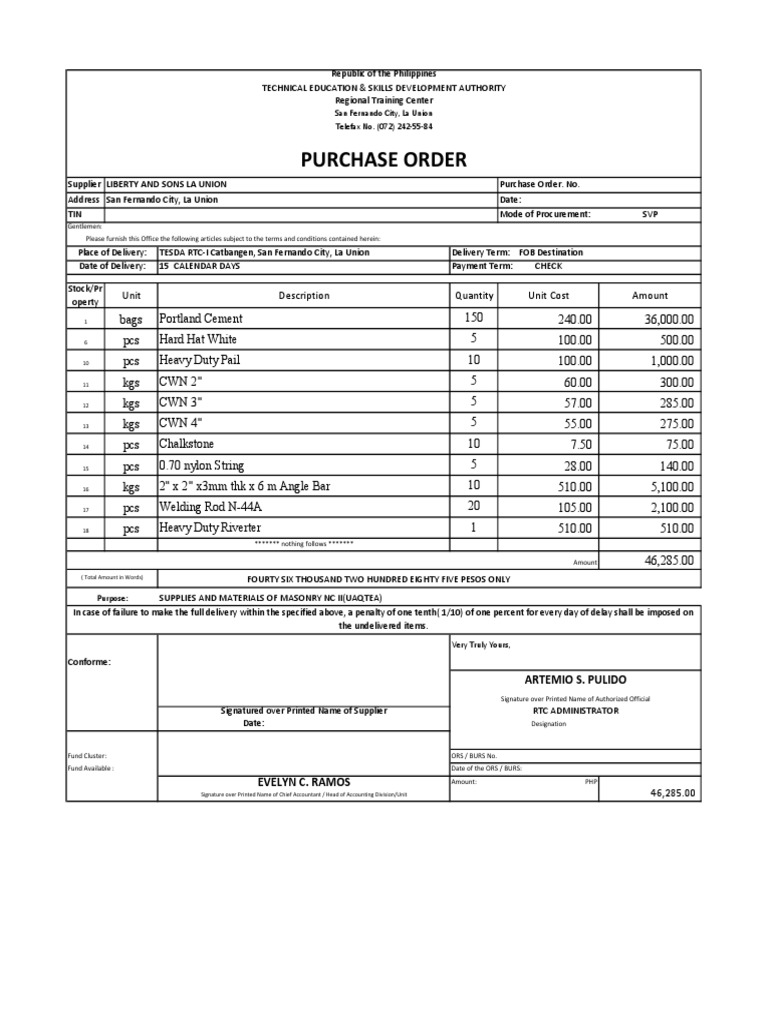 Purchase Order: Unit Description Quantity Unit Cost Amount | PDF ...