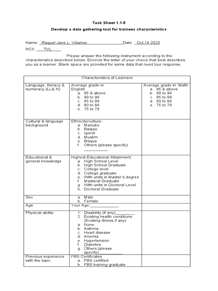 Task Sheet 1.1-5 Develop A Data Gathering Tool For Trainees Characteristics | PDF | Learning ...