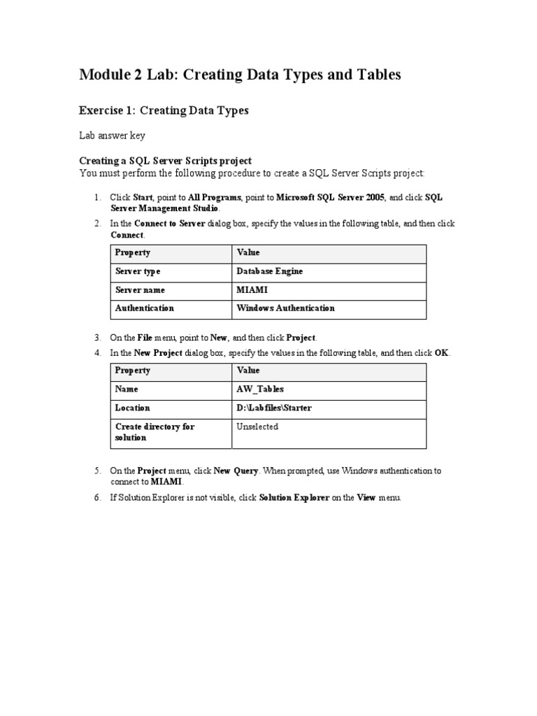 Module 2 Lab: Creating Data Types and Tables | PDF | Microsoft Sql Server | Databases