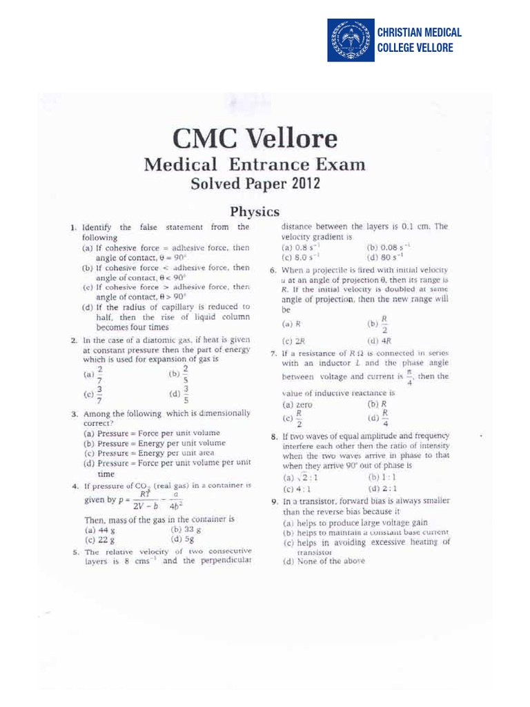 CMC Vellore Medical 2012 Last Year Question Paper | PDF