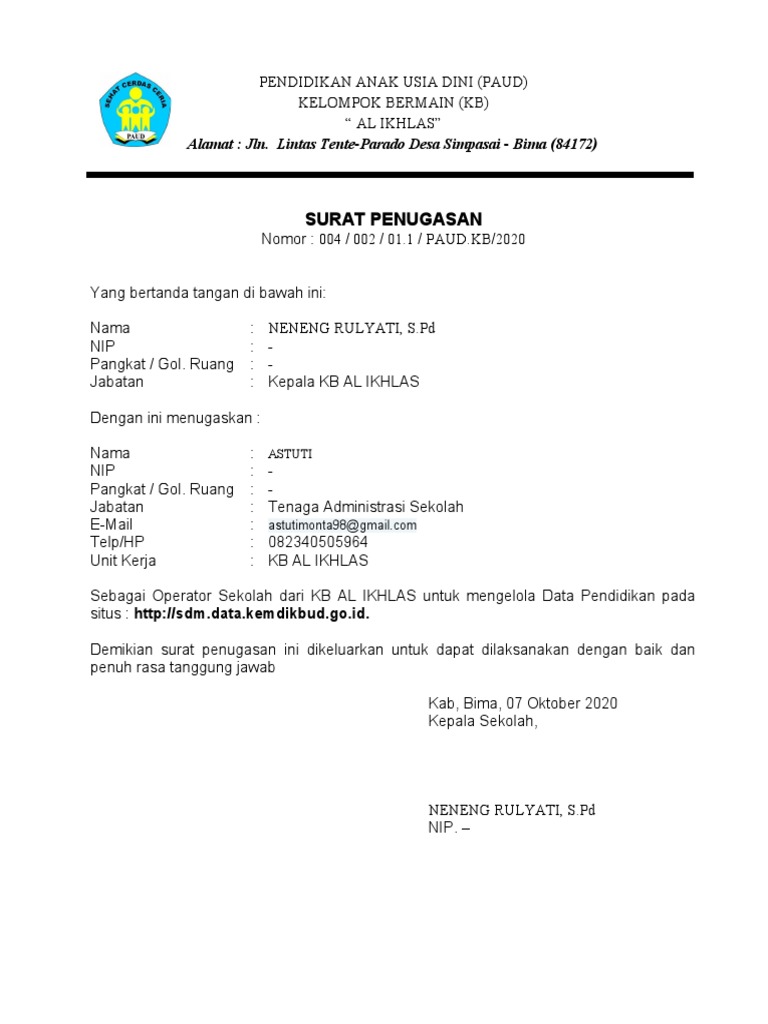 Contoh SK Tugas Penugasan Operator Sekolah Di SDM 2015 | PDF