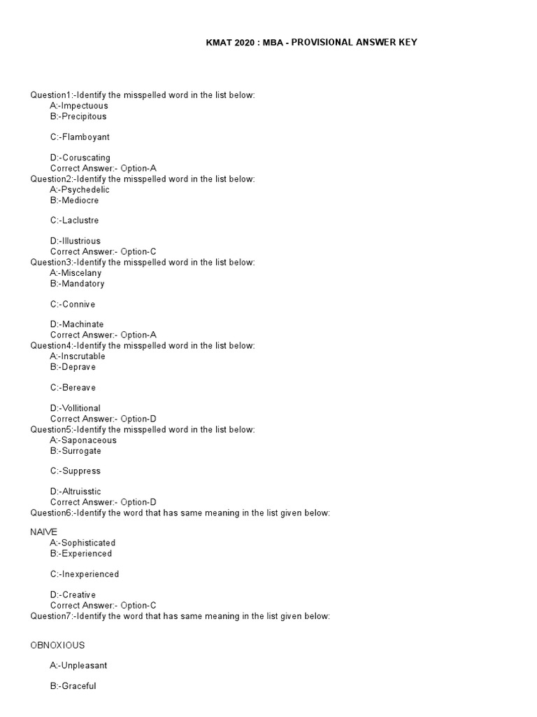 Kmat 2020: Mba - Provisional Answer Key | PDF | Thought | Human