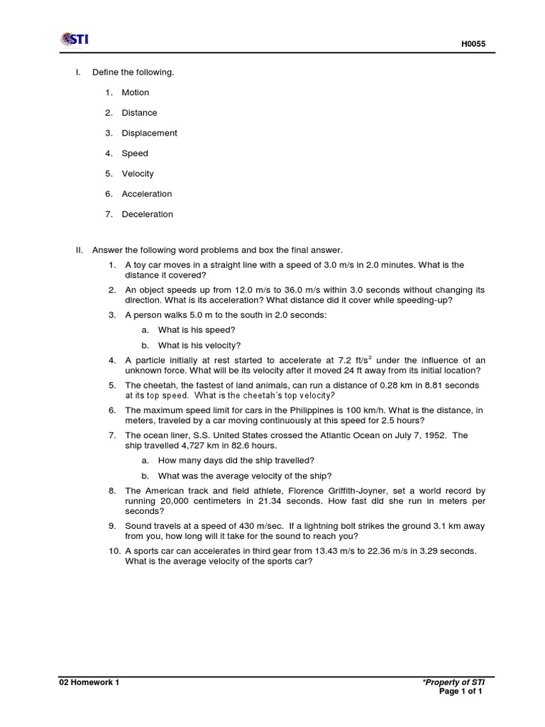 Linear-Motion-Homework 1 | PDF | Acceleration | Speed