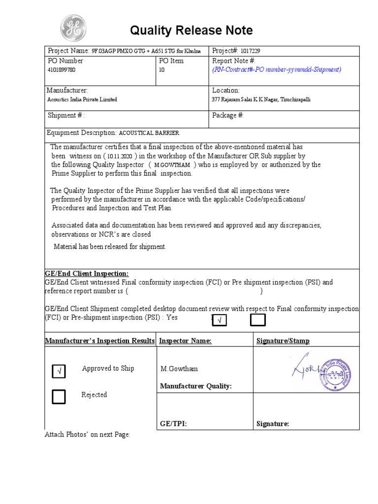 Quality Release Note: GE/End Client Inspection | PDF