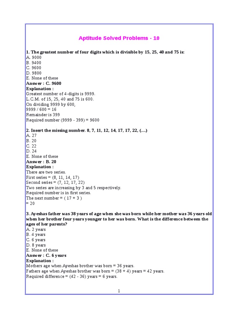 Aptitude Solved Problems - 10 | PDF | Numbers | Elementary Mathematics