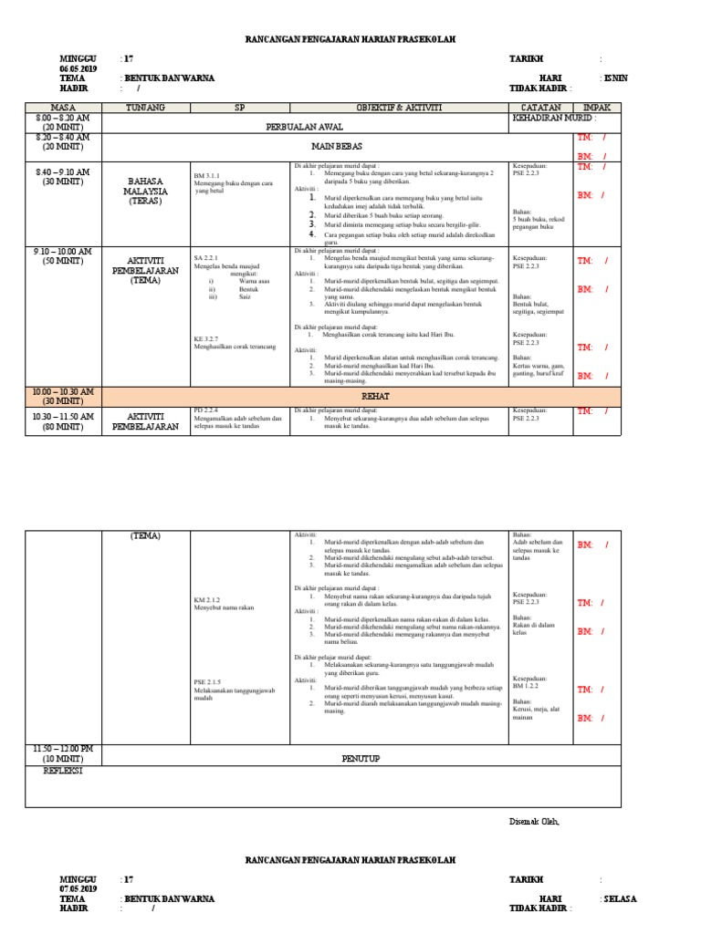 RPH Prasekolah PPKI M17 | PDF