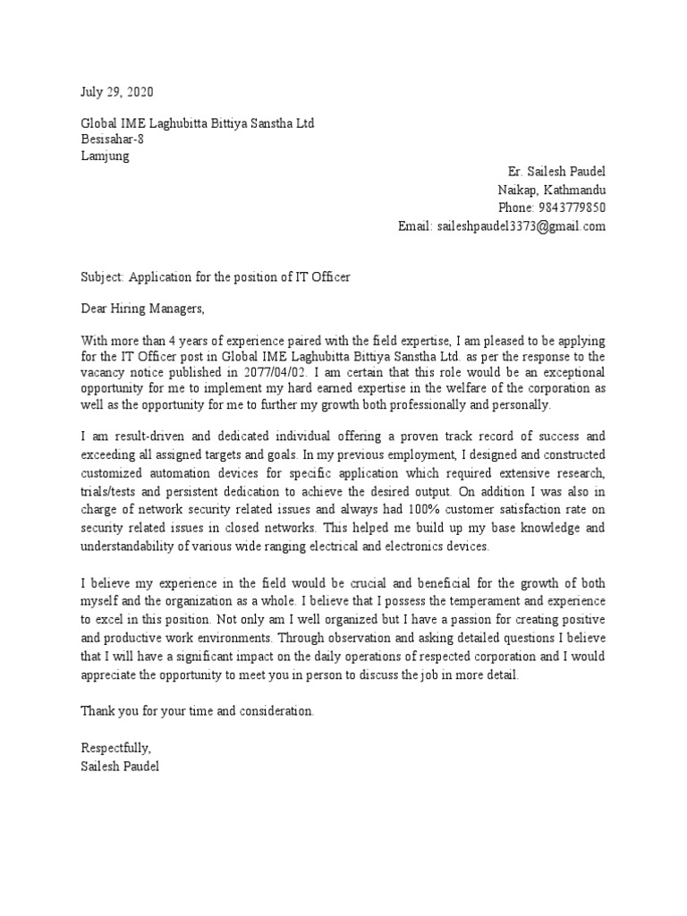 Application Letter Global IME | PDF