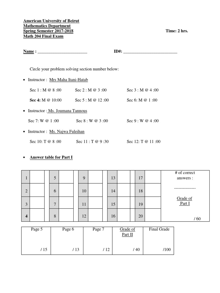 Math 204 Final 2017-2018 V2 PDF | PDF | Normal Distribution | Integral