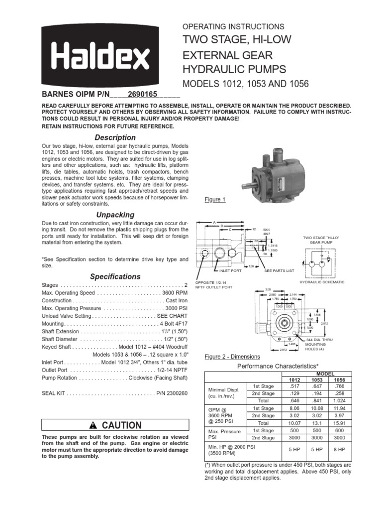 Two Stage, Hi-Low External Gear Hydraulic Pumps: MODELS 1012, 1053 AND ...