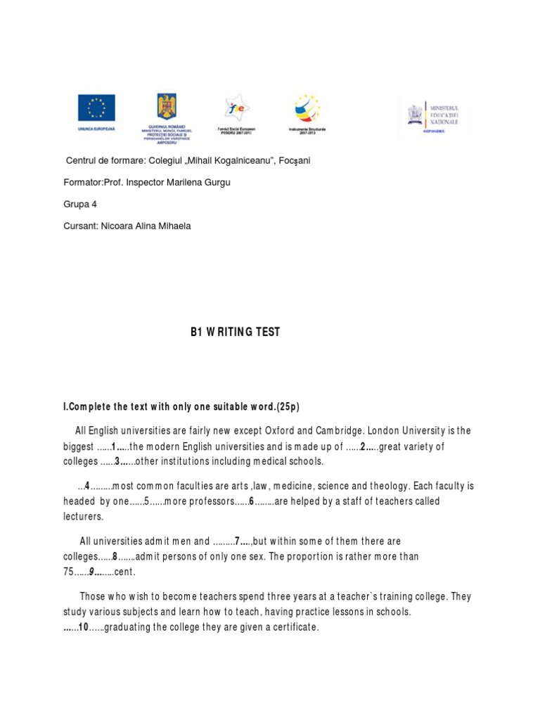 B1 English Writing Test Guide | PDF | Behavior Modification | Cognition