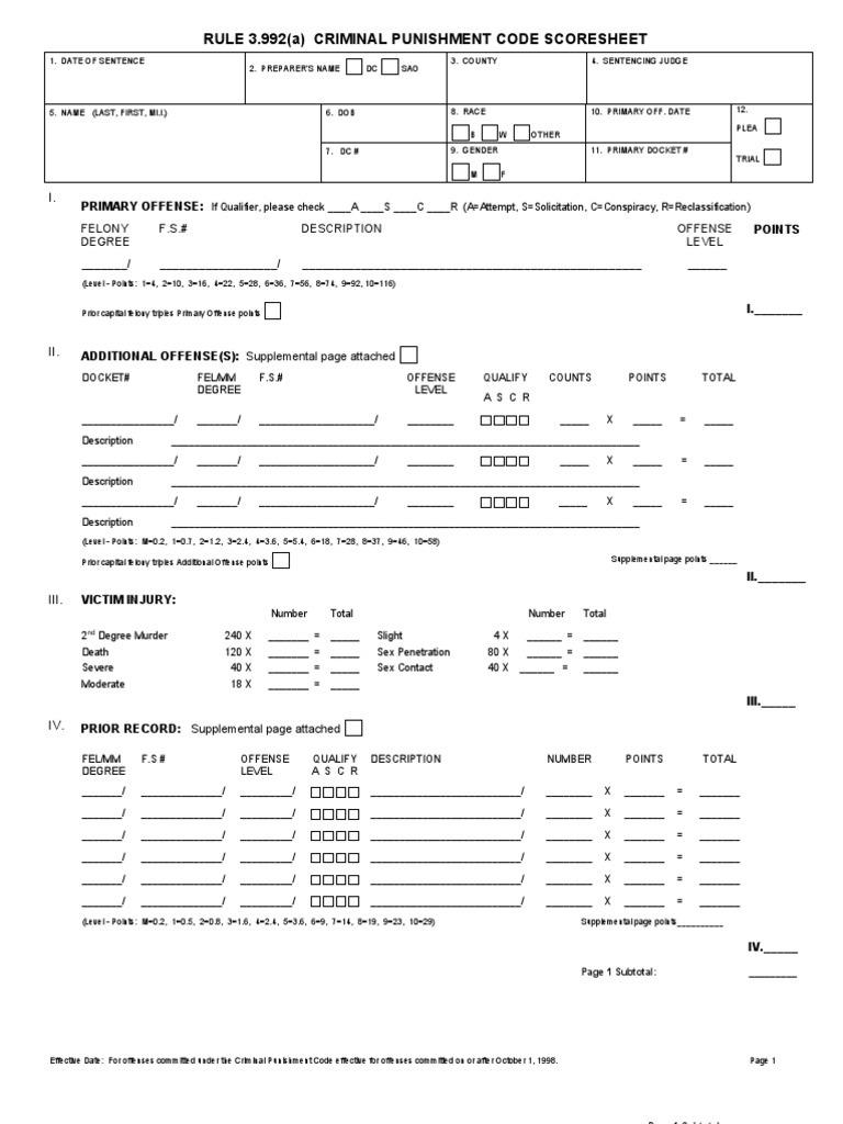 Rule 3.992 (A) Criminal Punishment Code Scoresheet: Primary Offense ...