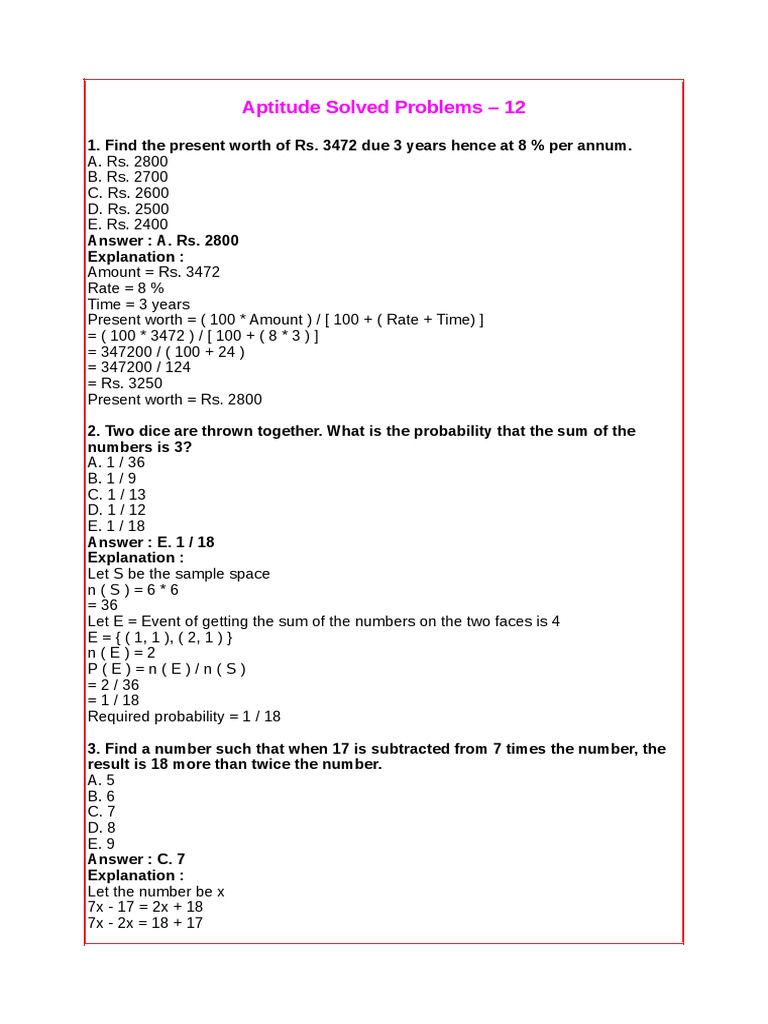 Aptitude Solved Problems - 12 | PDF | Speed | Teaching Mathematics