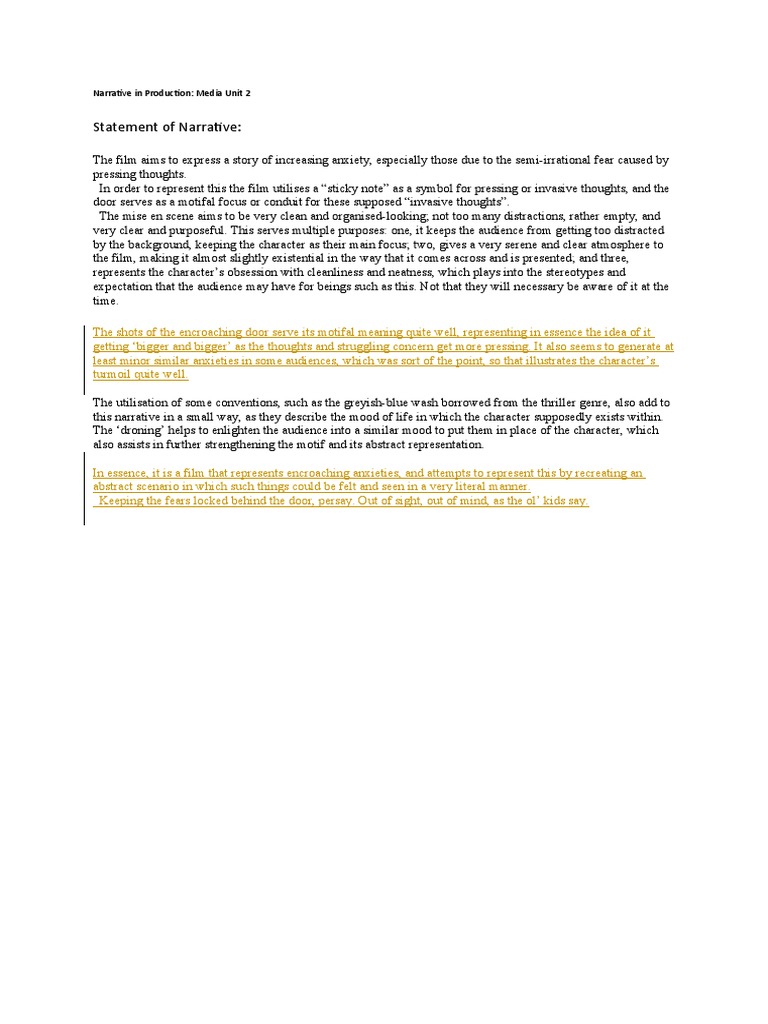 Statement of Narrative - Aidan Meredith - Narrative in Production Media ...