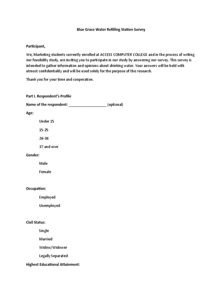 Water Refilling Station Survey Form | PDF | Academic Degree | Drinking ...