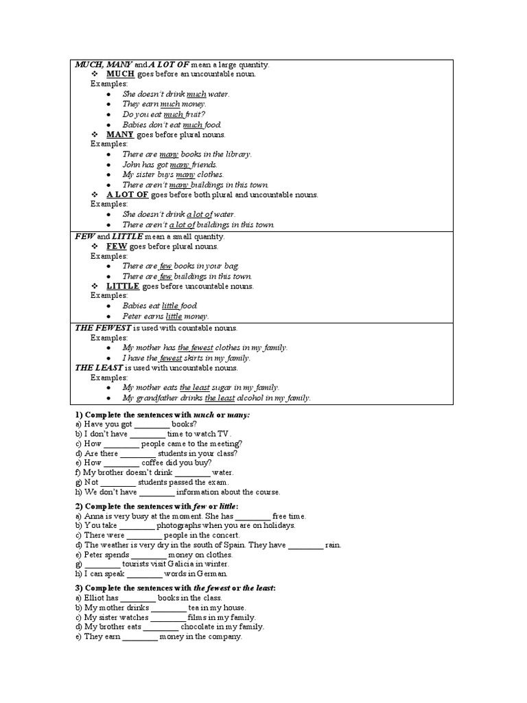 MUCH, MANY and A LOT OF Mean A Large Quantity | PDF
