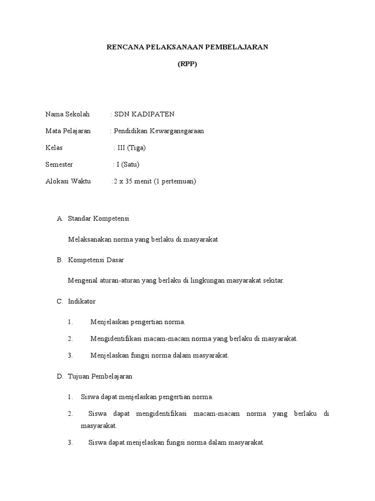 RPP PKN Kelas 3 SMT 1 | PDF