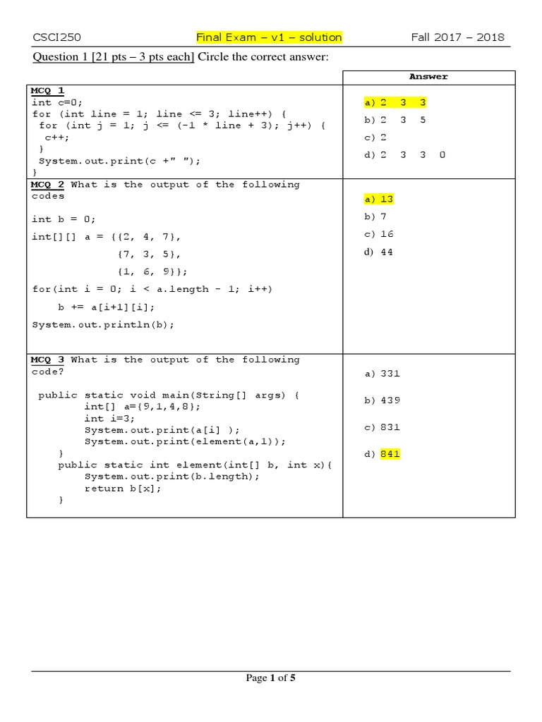 CSCI250 Introduction To Programming - FinalExam-Sample2 - Solution | PDF | Integer (Computer ...