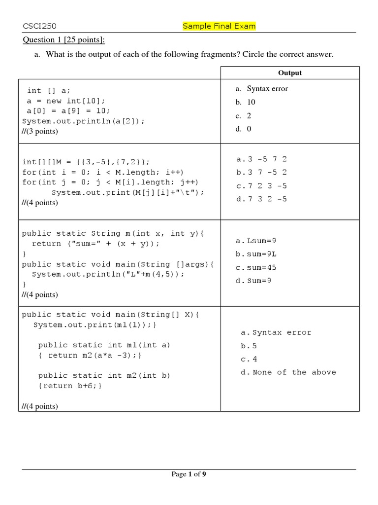 Question 1 (25 Points) : A. What Is The Output of Each of The Following ...