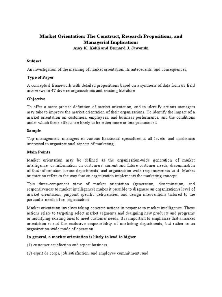 Market Orientation The Construct, Research Propositions, and Managerial ...