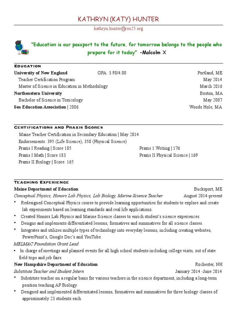 K Hunter Resume 2016 | PDF | Science Education | Teachers